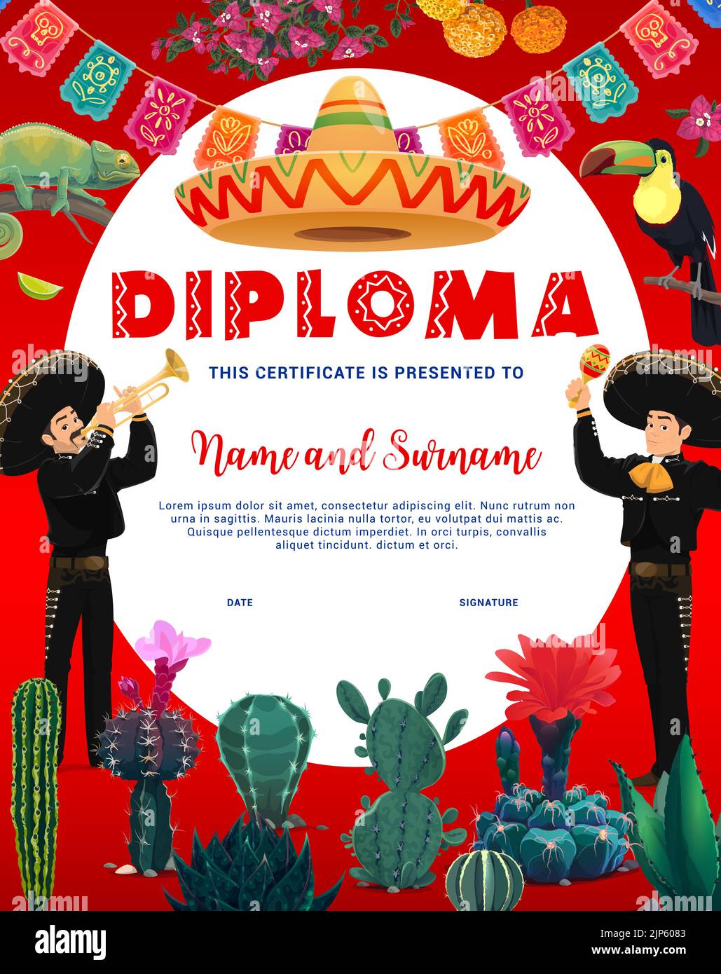 Kids diploma with mariachi musicians, cactuses, toucan, chameleon and ...