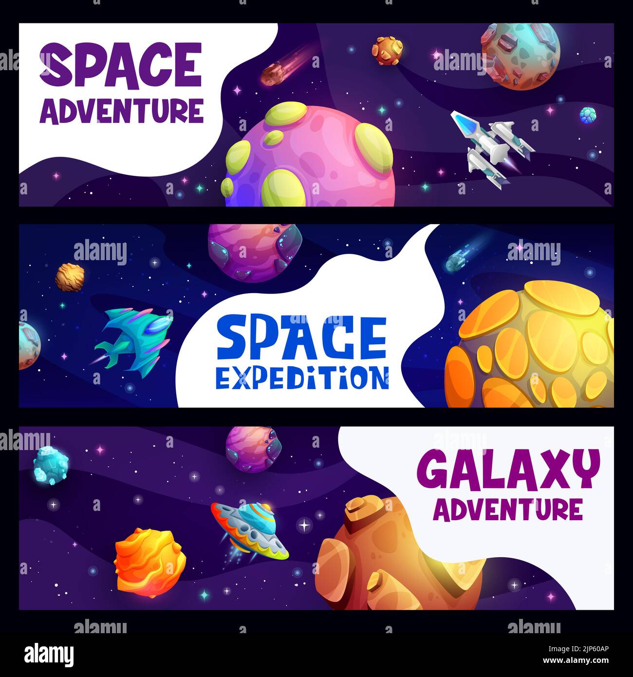 Space expedition and adventure, spacecrafts in starry galaxy. Cartoon ...