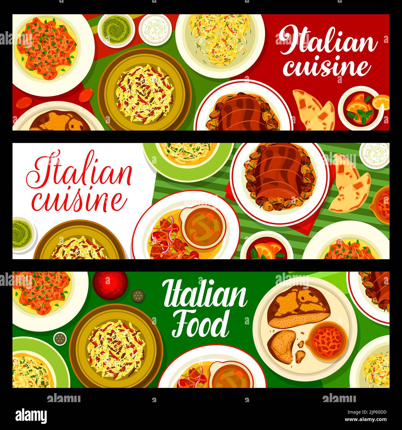 Italian cuisine restaurant banners. Spaghetti pasta with garlic, beef ...