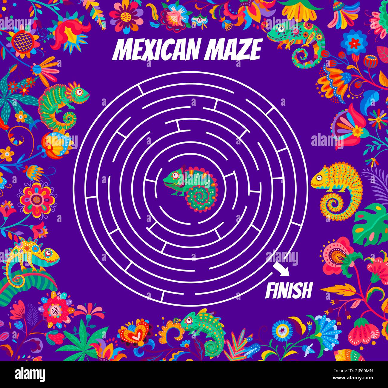 Round labyrinth maze with cartoon Mexican chameleons and flowers ...