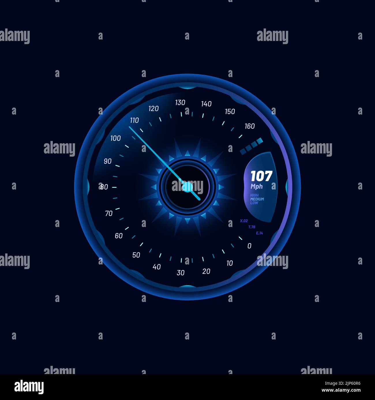 Futuristic car speedometer gauge blue dial. Vehicle tachometer ...