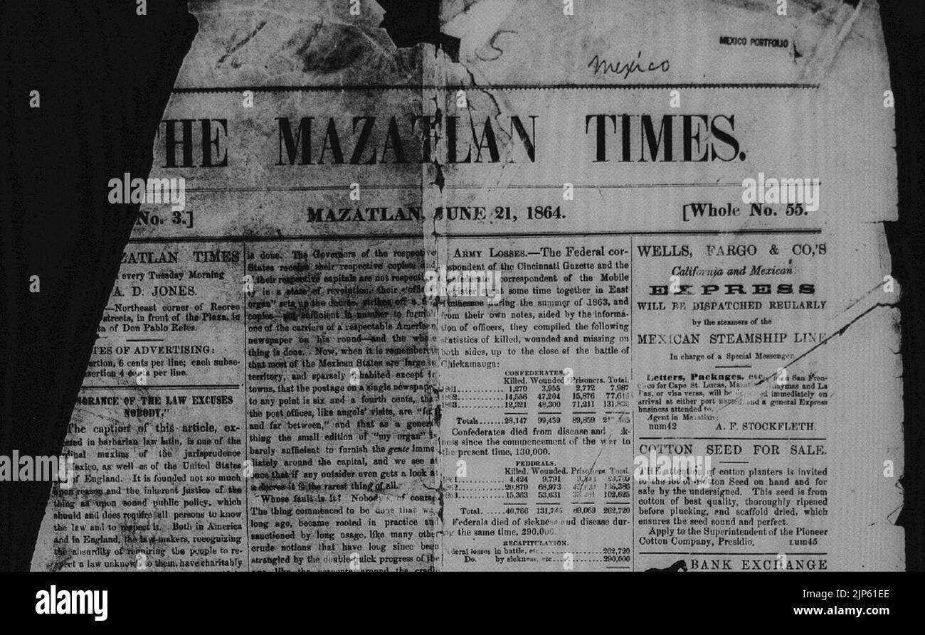The Mazatlan Times, June 21, 1864, Mexico Stock Photo - Alamy