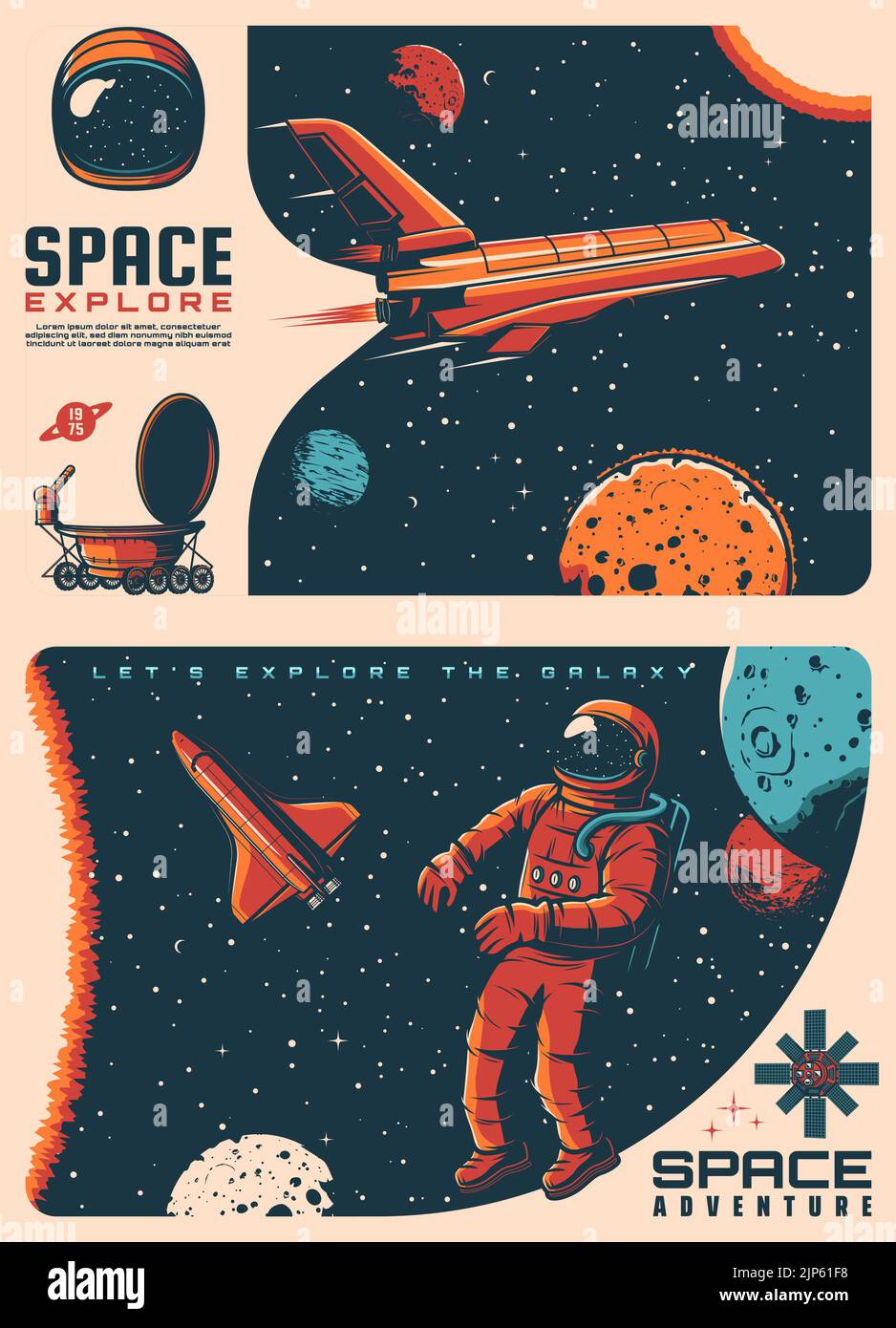 Astronaut in outer space. Spaceship in galaxy retro posters with ...