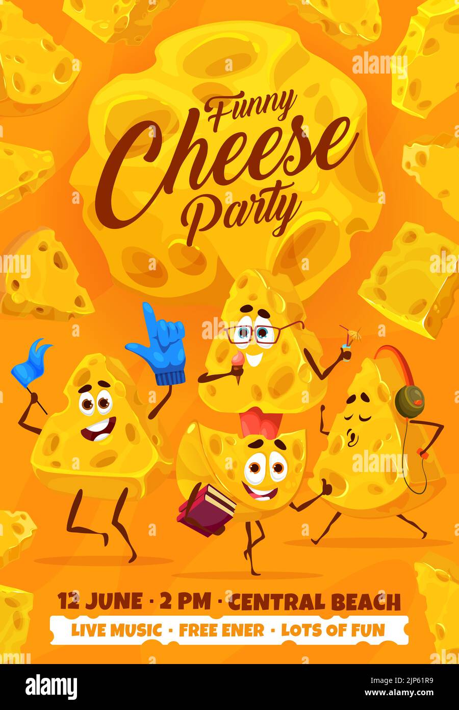 Cheese party flyer, cartoon maasdam and gouda cheese characters. Vector ...