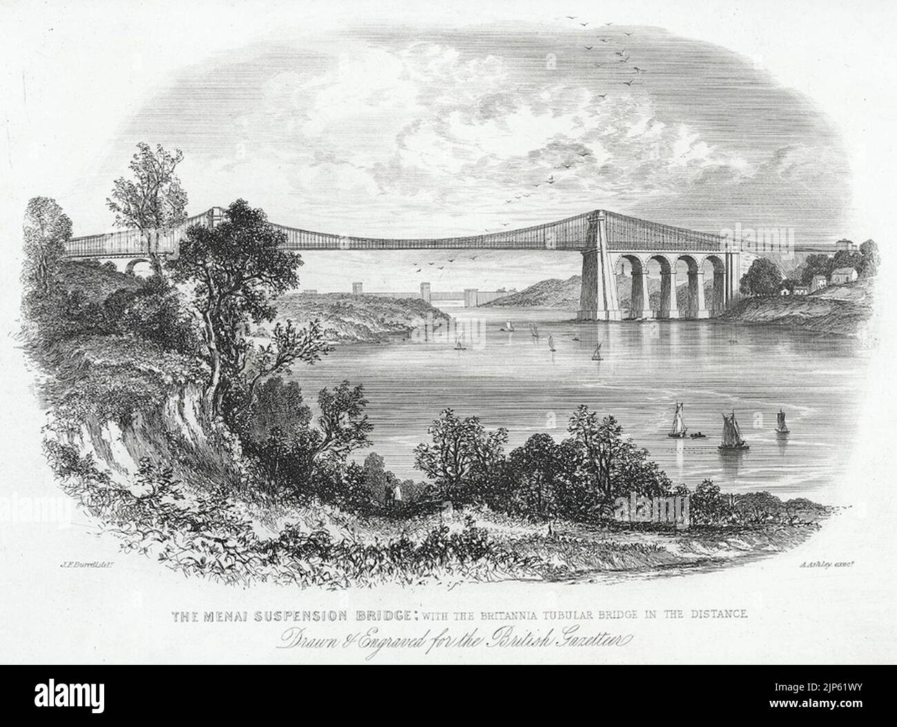 The Menai suspension bridge - with the Britannia tubular bridge in the ...