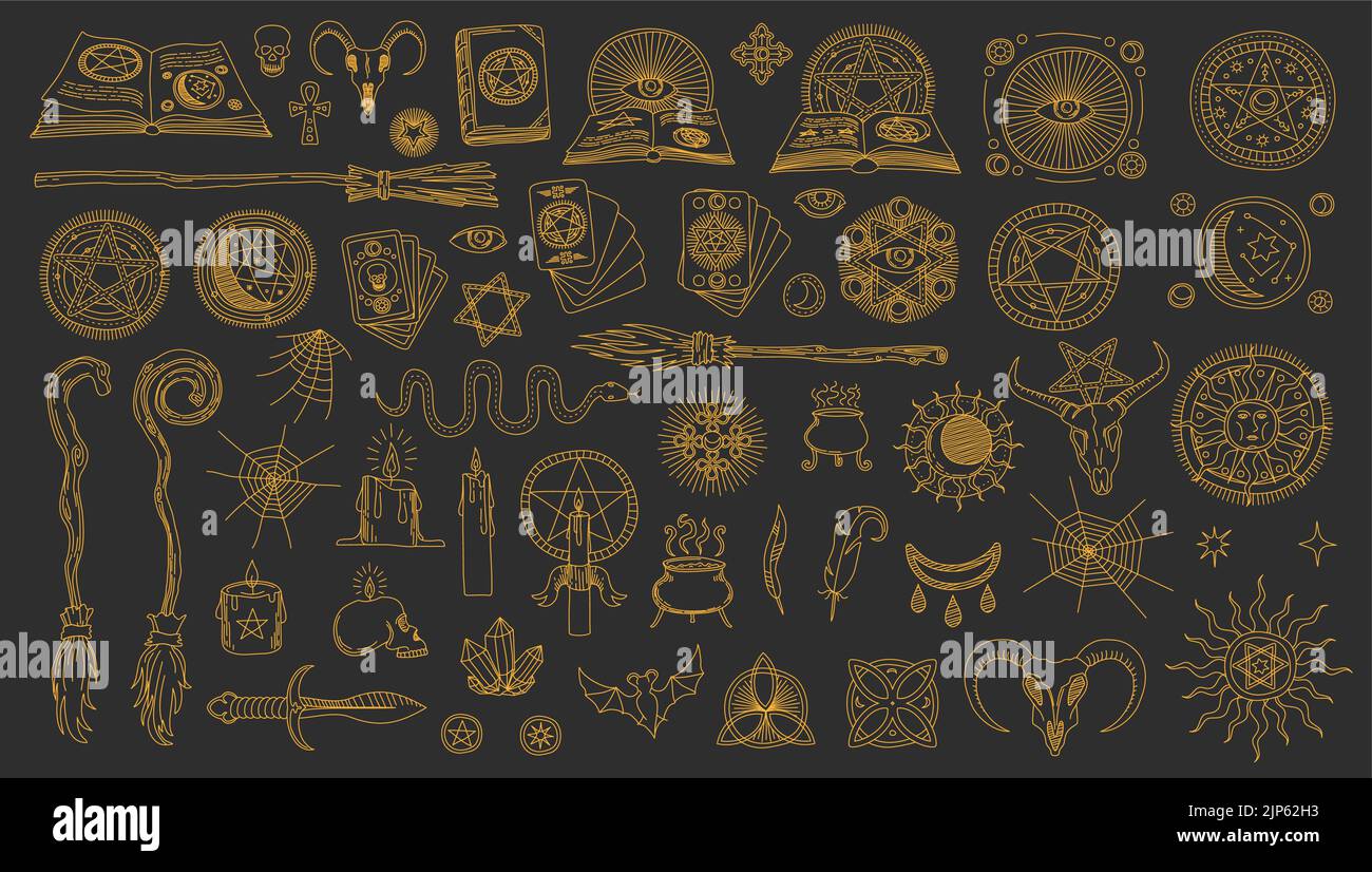 Witchcraft, alchemy and magic symbols. Satan pentagram, magic mason ...