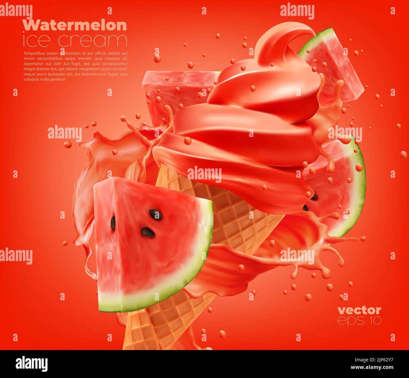 Watermelon soft ice cream cone with splash. Vector fruity ice cream in ...