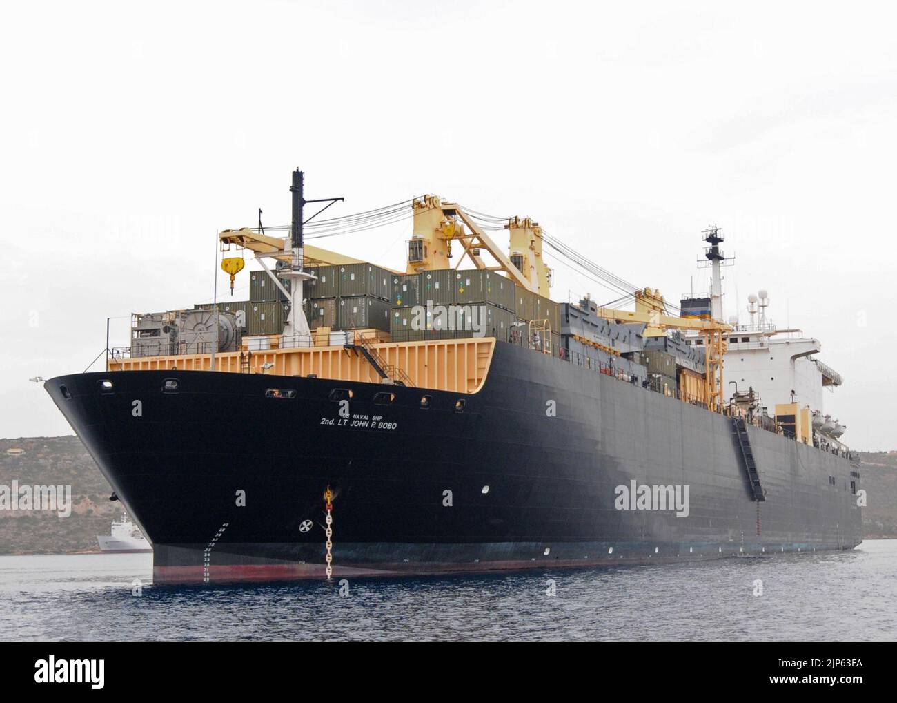 The Military Sealift Command maritime prepositioning ship USNS 2nd Lt. John P. Bobo is anchored ...