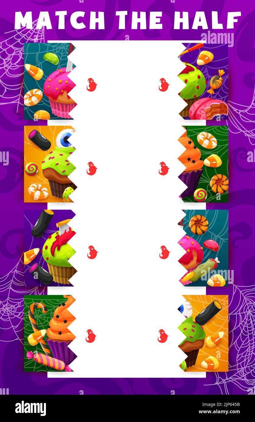 Match the half of Halloween holiday sweets and candies on cobweb ...