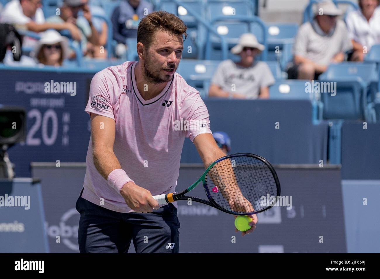Mason, Ohio, USA. 15th Aug, 2022. Stan Wawrinka (SUI) prepares to serve ...