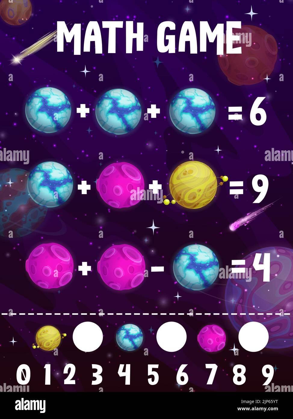 Math game puzzle worksheet. Cartoon fantasy planets in galaxy space ...