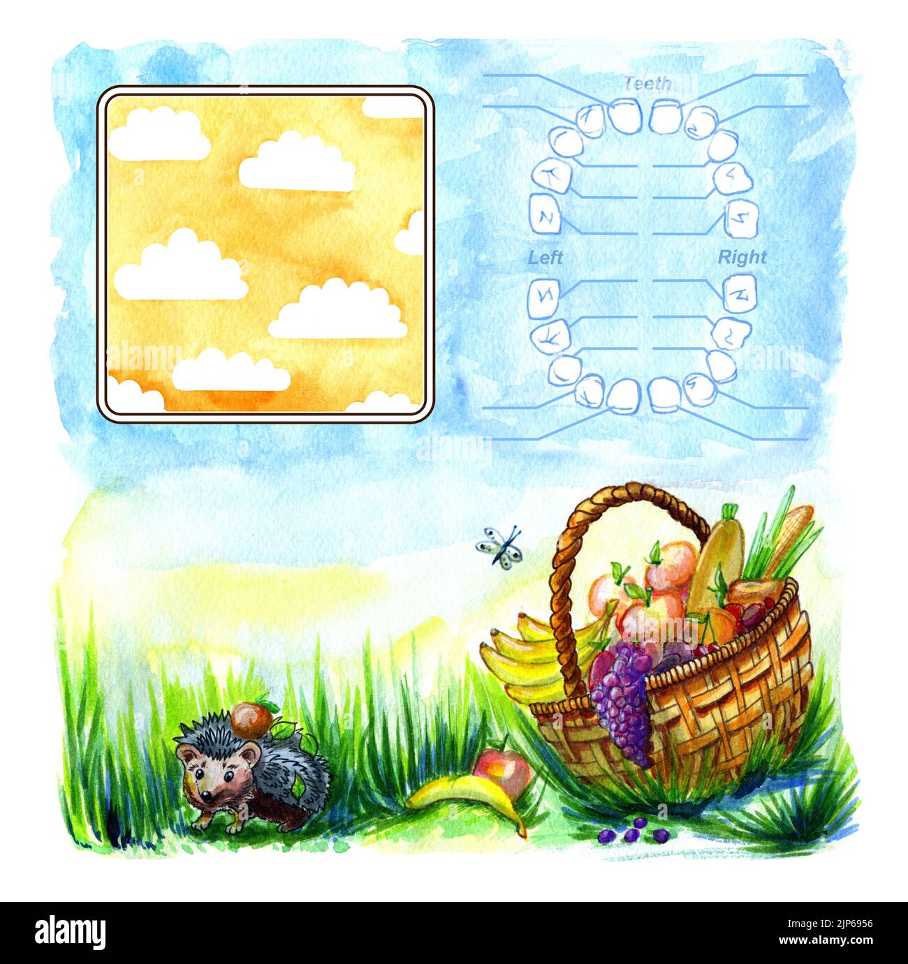 First teeth. Page illustration for baby photo album. Watercolor ...