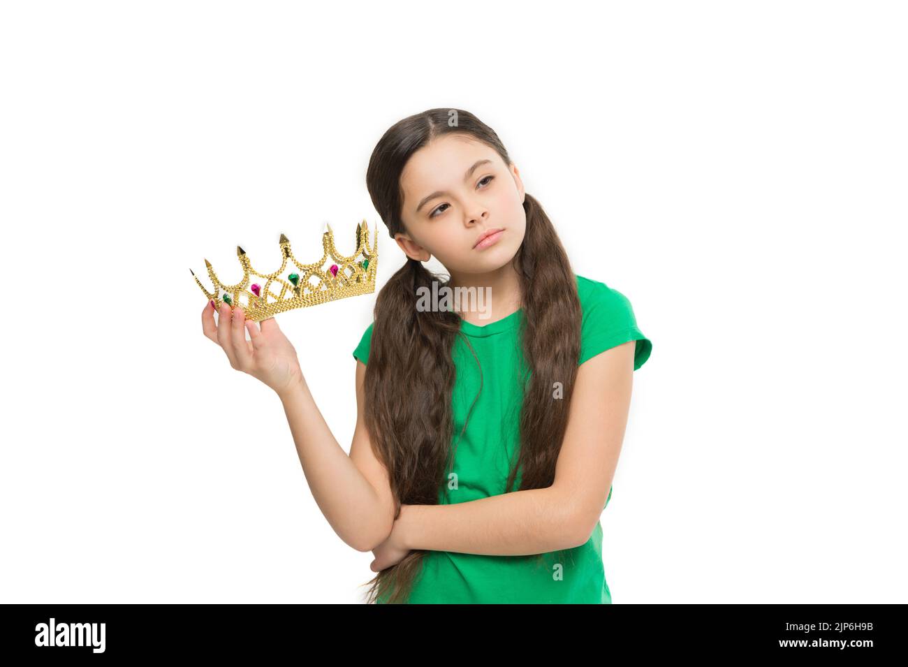 Kid wear golden crown symbol of princess. Girl dreaming become princess ...
