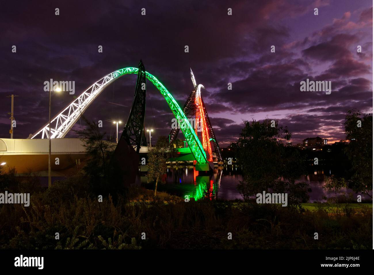 Matagarup bridge lit up at night, Burswood, Perth, Western Australia ...