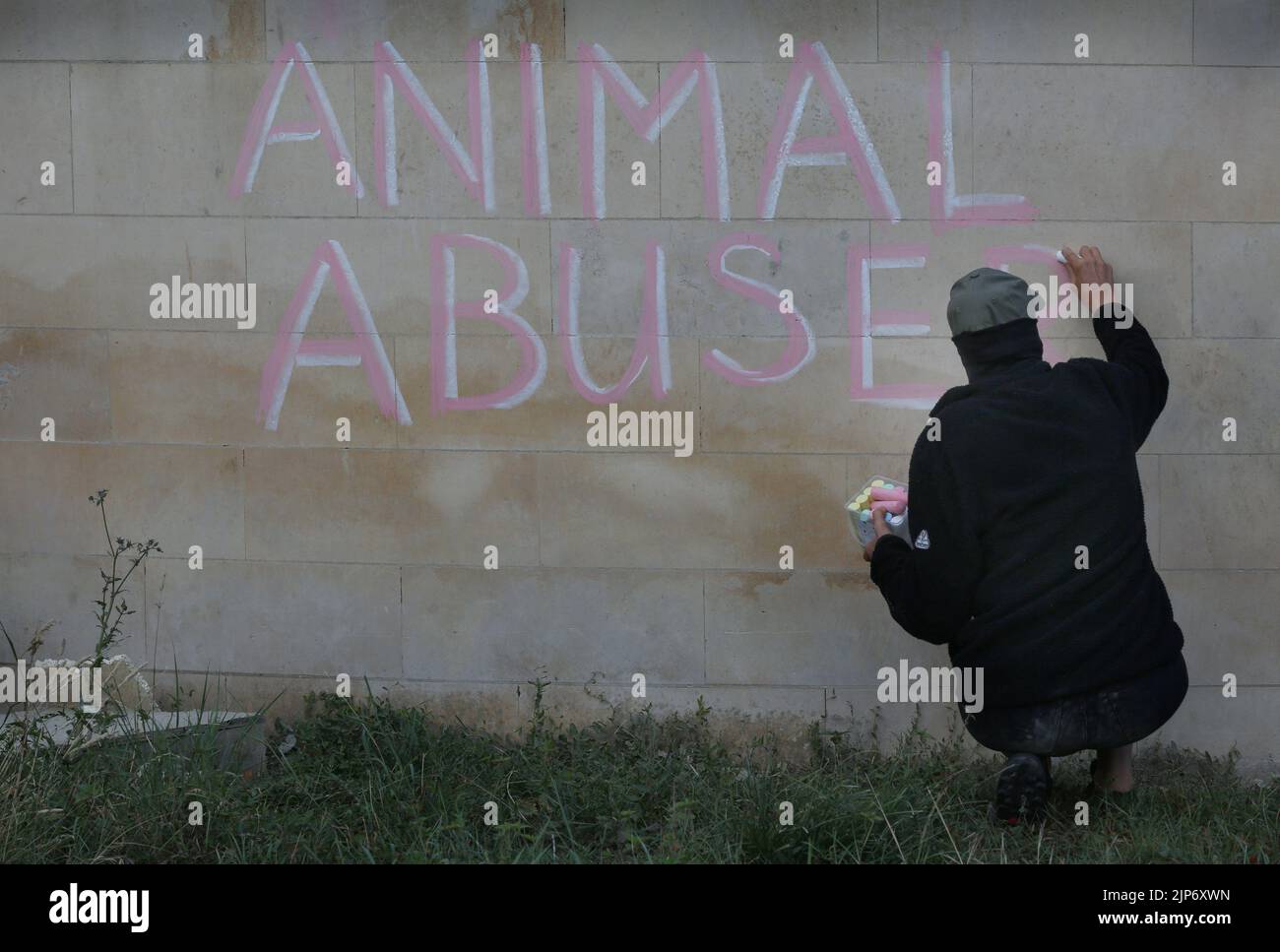 Ancaster, UK. 15th Aug, 2022. An activist writes 'Animal Abuser ...