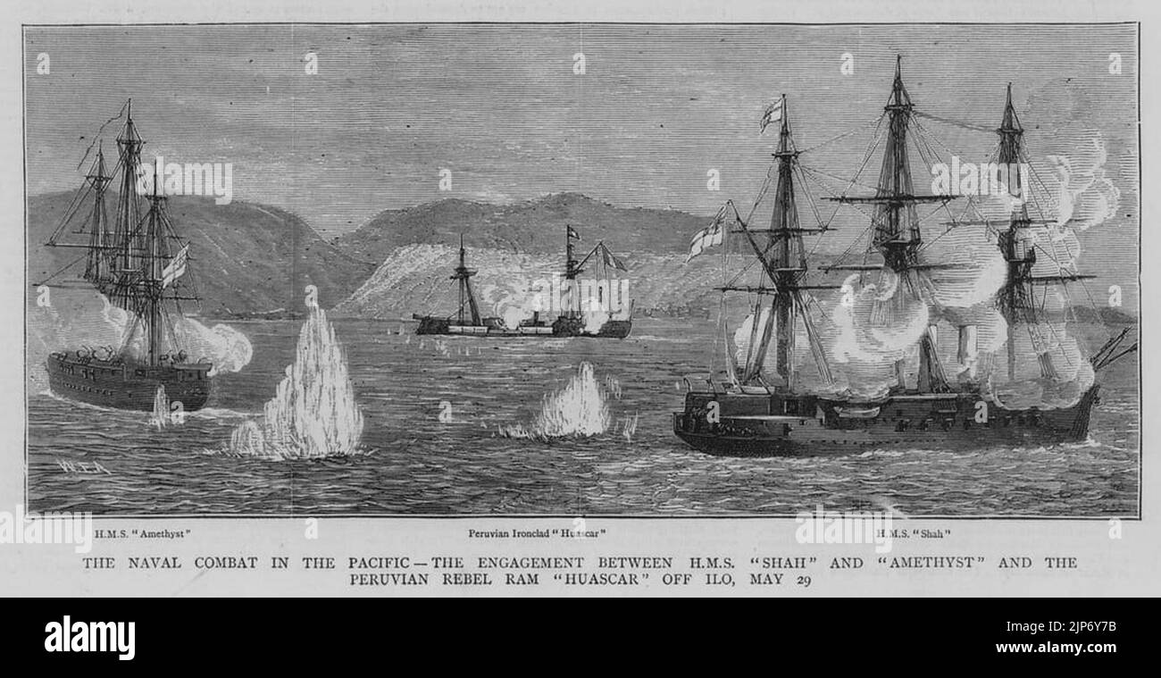 The naval combat in the Pacific, the engagement between HMS 'Shah' and ...