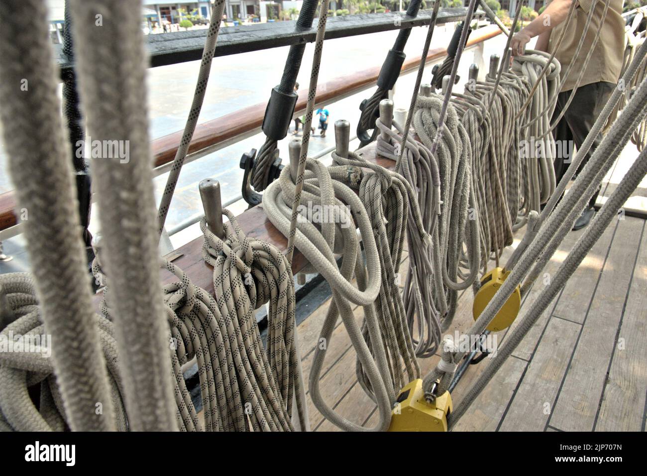 A view of boat ropes on KRI Dewaruci (Dewa Ruci), an Indonesian tall ...