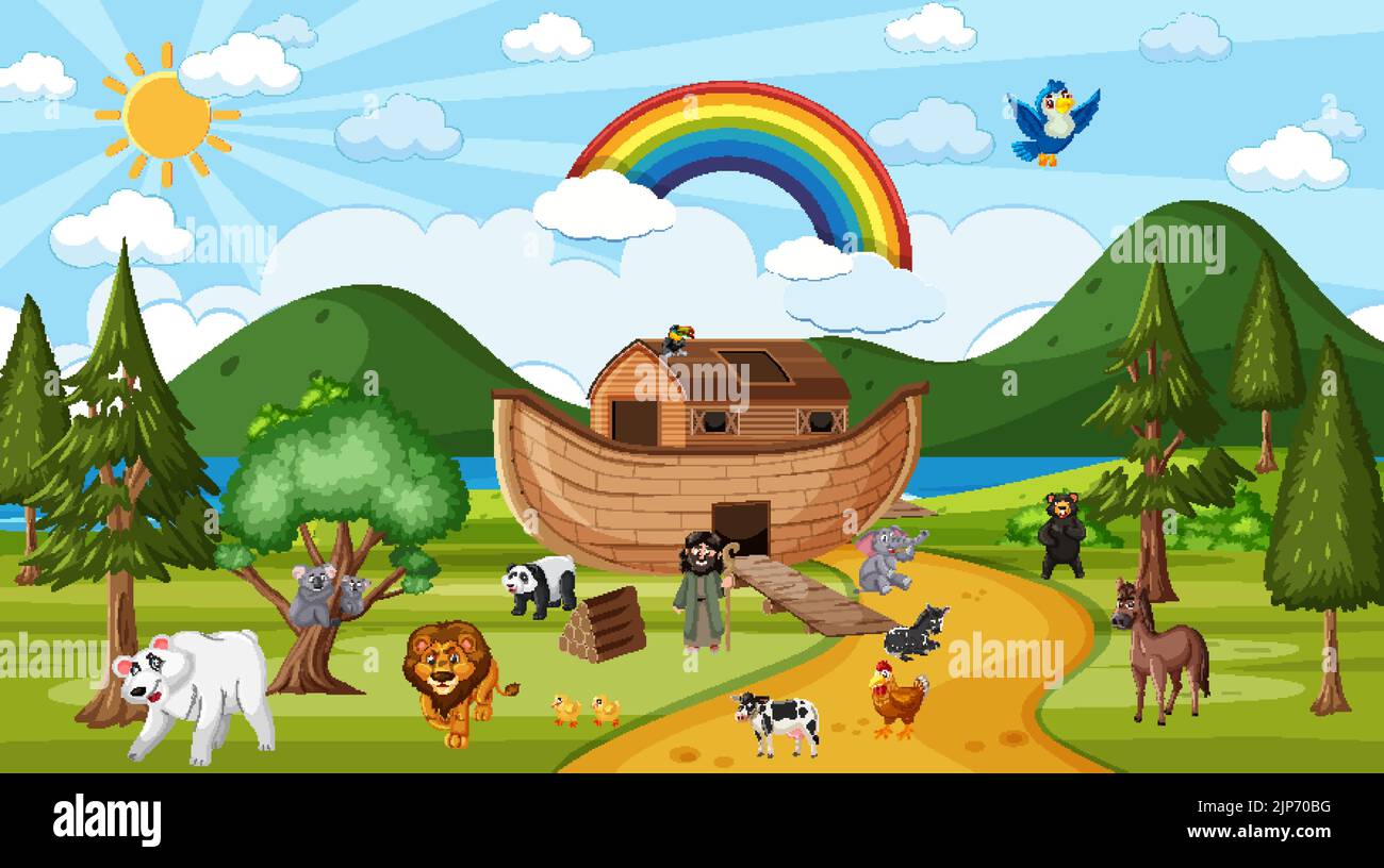 Noah's Ark with wild animals in nature scene illustration Stock Vector Image & Art - Alamy