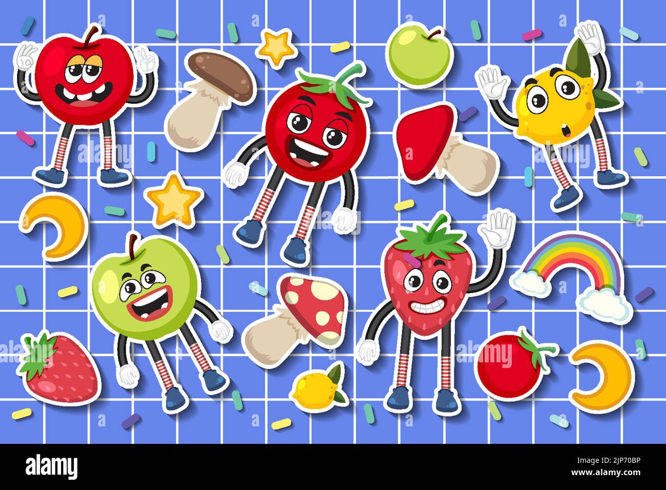 Set of food sticker cartoon character illustration Stock Vector Image ...