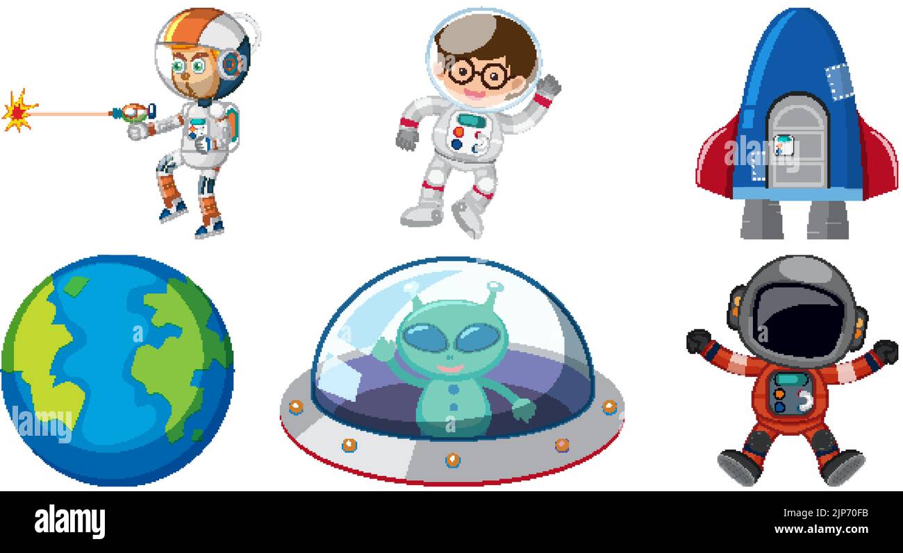 Set of space cartoon characters and objects illustration Stock Vector ...
