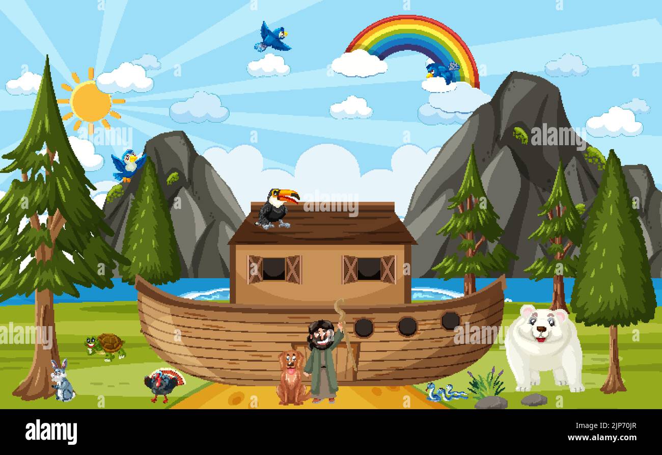 Noah's Ark with wild animals in nature scene illustration Stock Vector ...