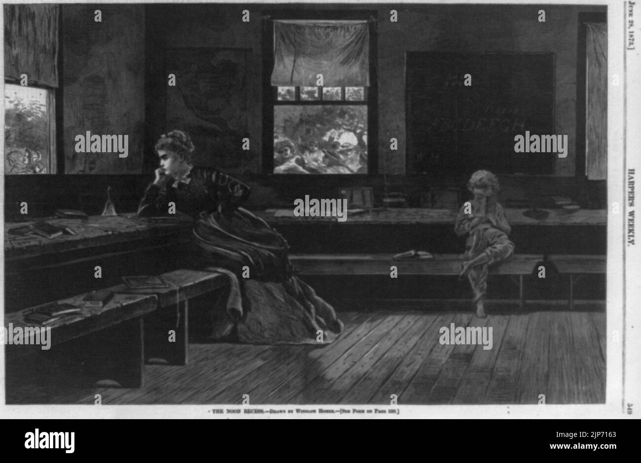 The noon recess (Teacher and boy reading; children are seen through ...