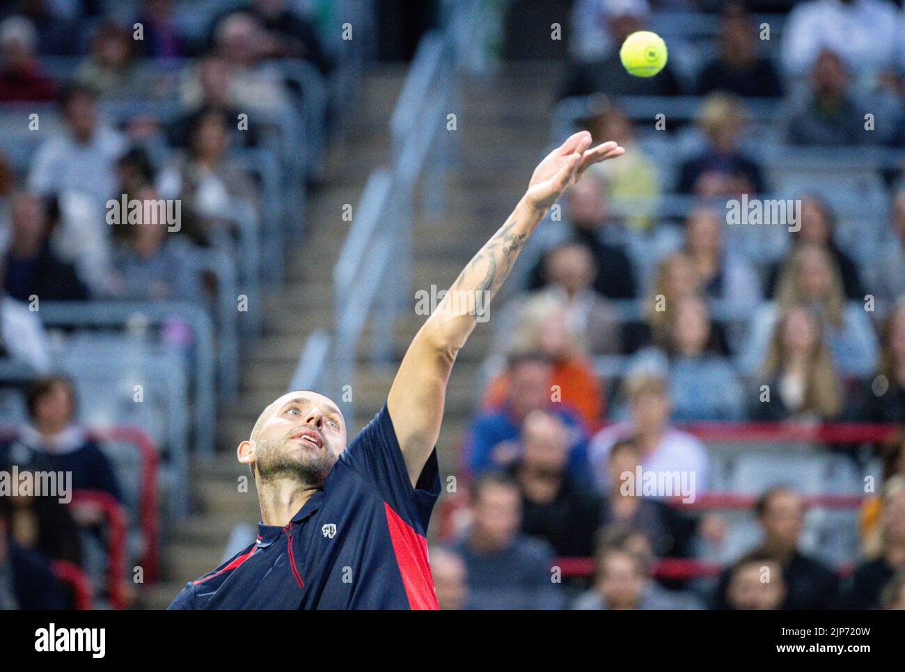 Daniel Evans of Great Britain serves during the National Bank Open at ...