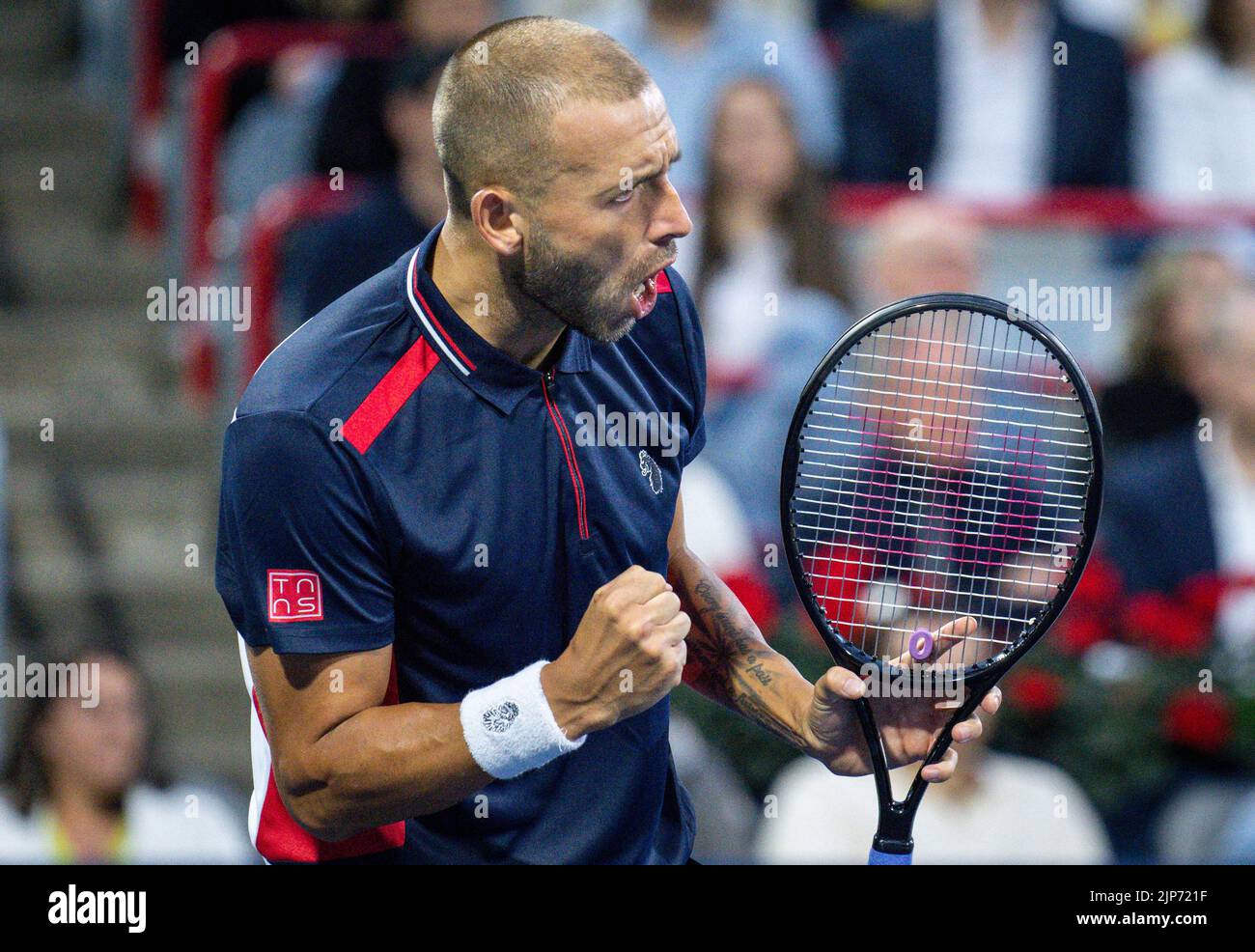 Daniel Evans of Great Britain reacts during the National Bank Open at ...