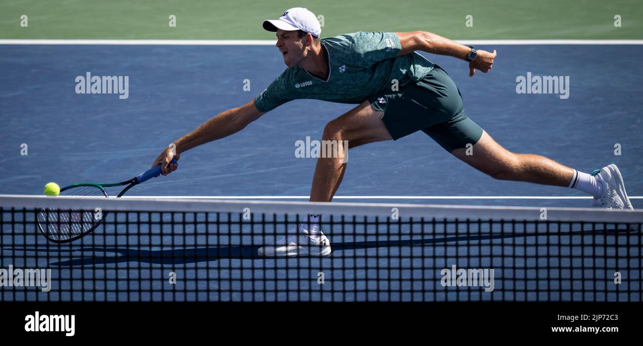 Hubert Hurkacz of Poland hits a shot during his semi-final at the ...