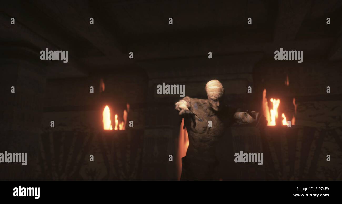 Image of scary zombie mummy walking around in dark room with burning ...