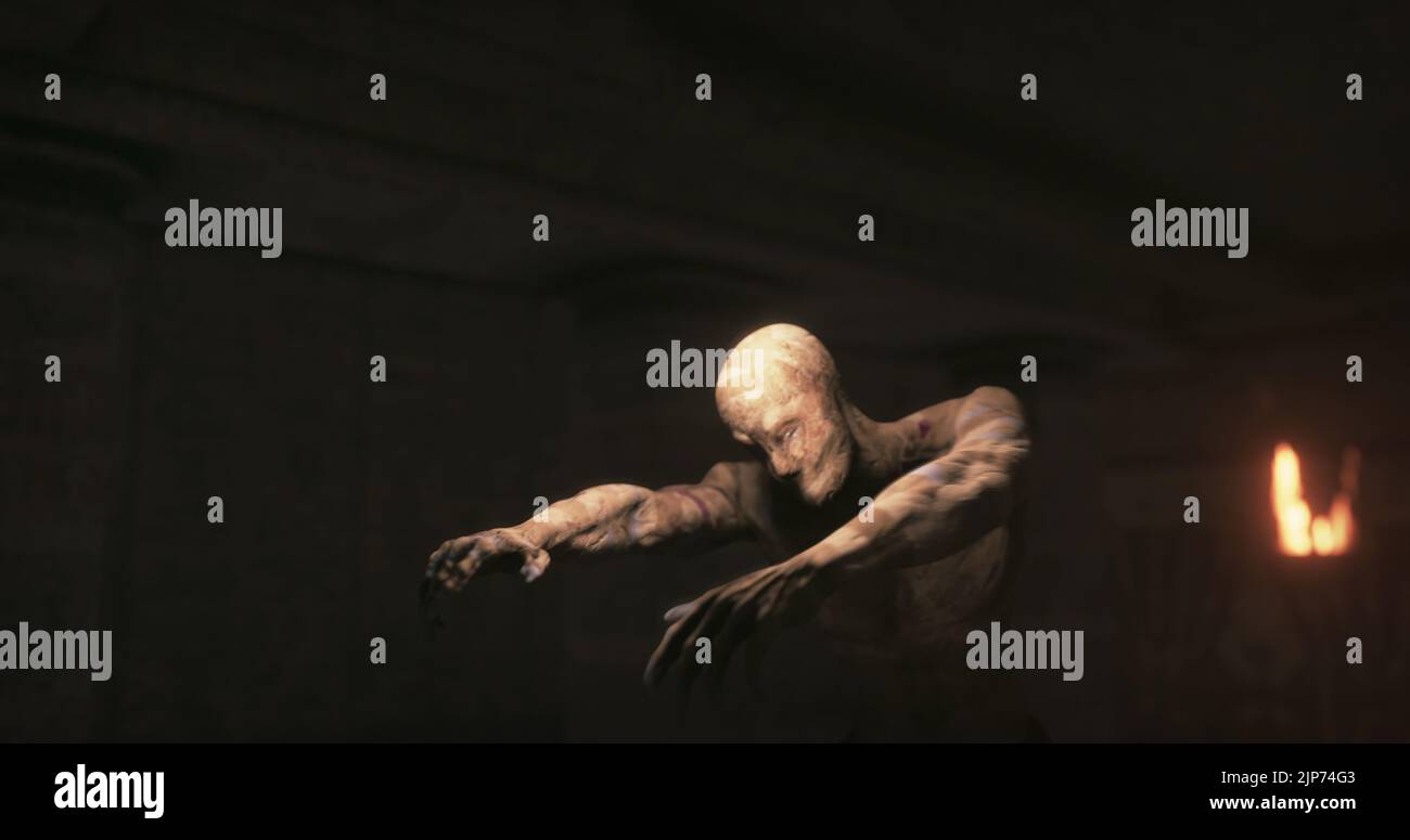 Image of scary zombie mummy walking around in dark room with burning ...