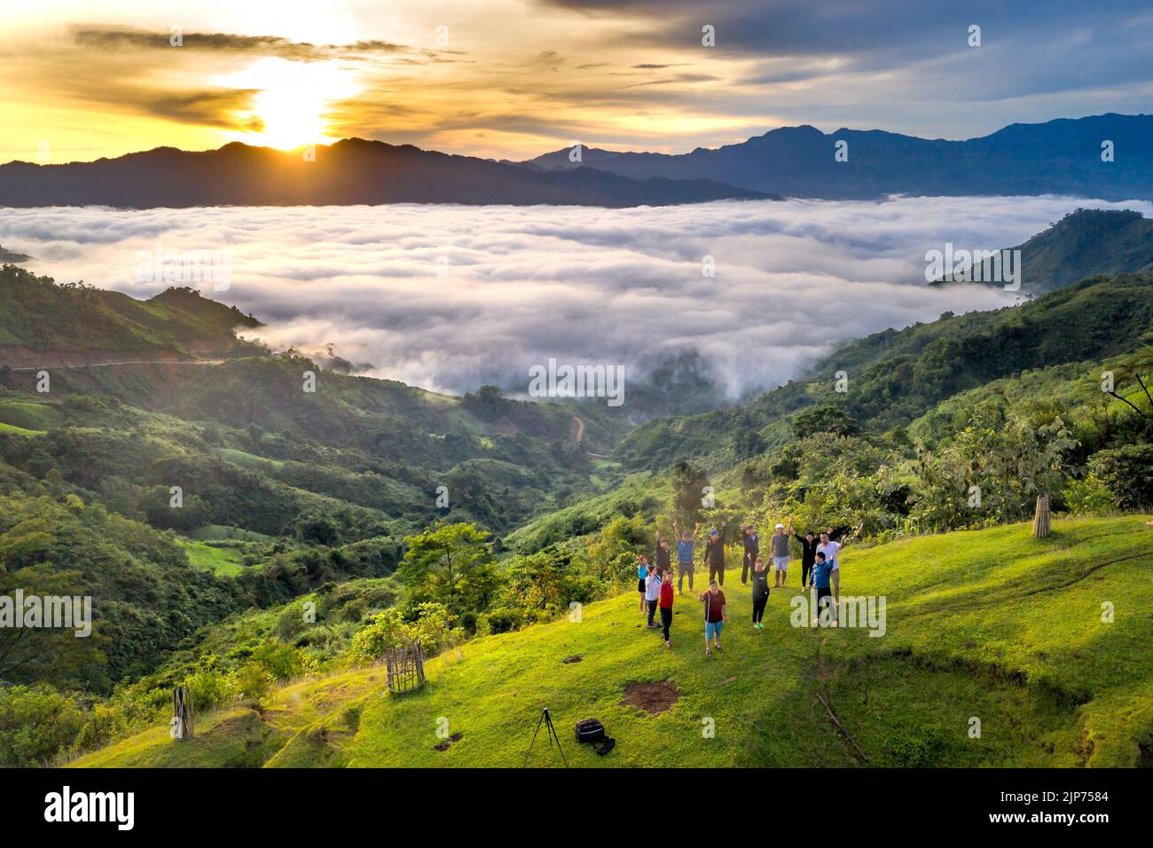 Tourists are excited to watch the sunrise and the valley filled with ...