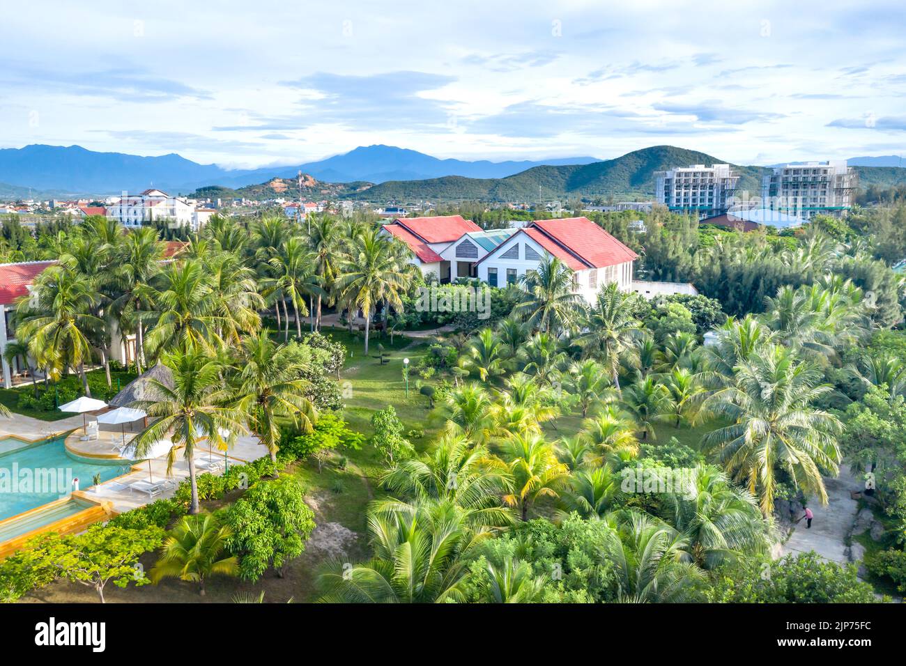 Aerial view of Pax Ana 4-star resort at Doc Let beach, Nha Trang city ...