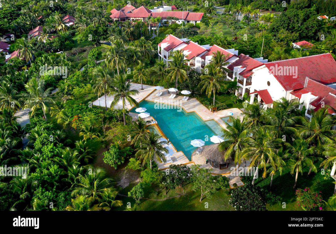 Aerial view of Pax Ana 4-star resort at Doc Let beach, Nha Trang city ...