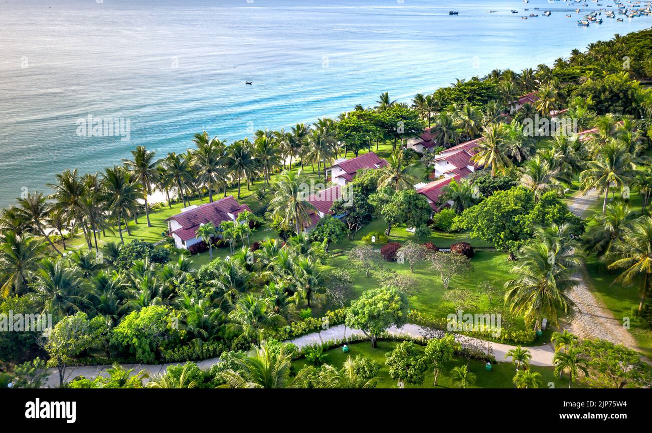 Aerial view of Pax Ana 4-star resort at Doc Let beach, Nha Trang city ...