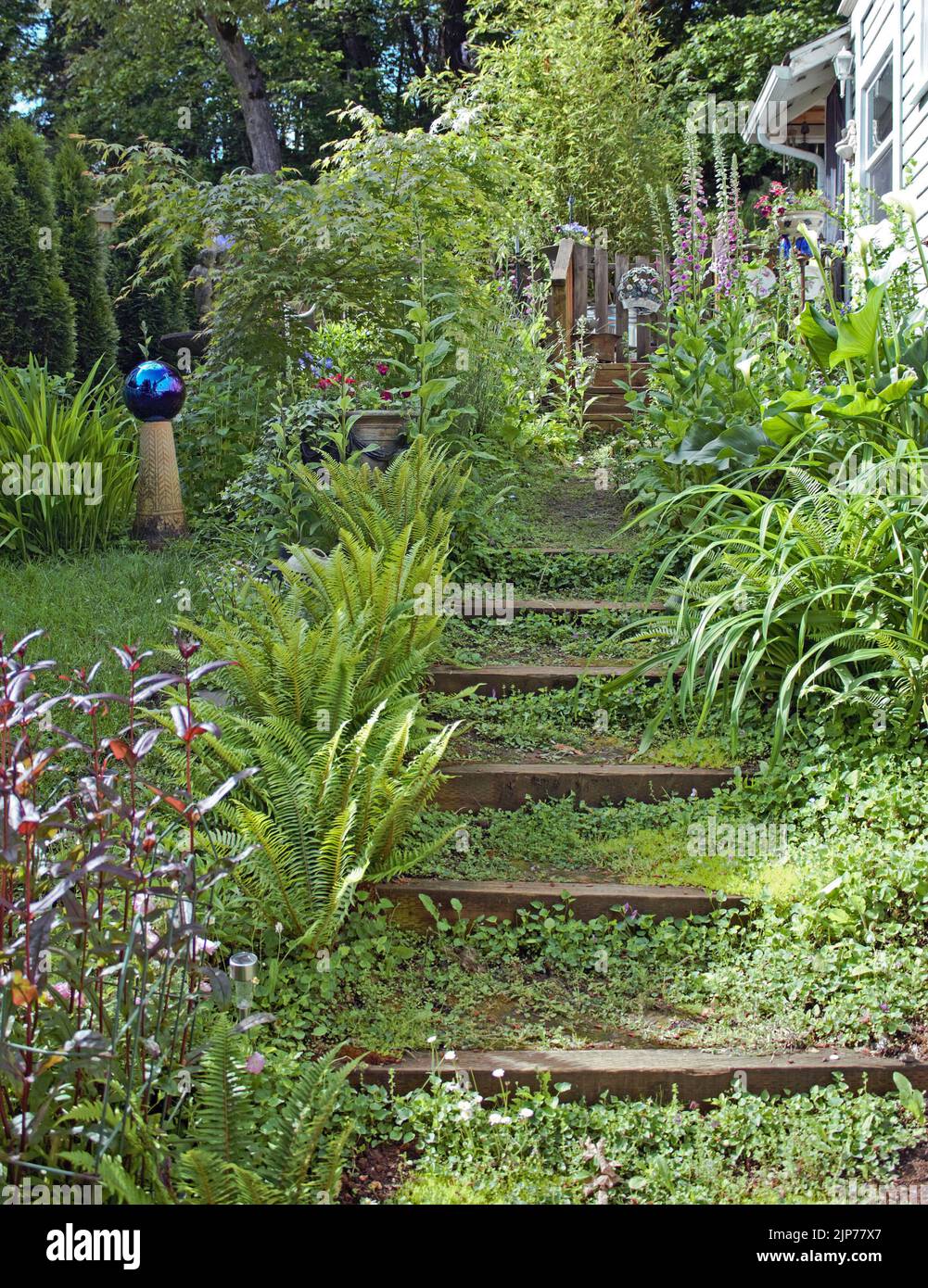 Summer garden steps and a gazing ball Stock Photo - Alamy