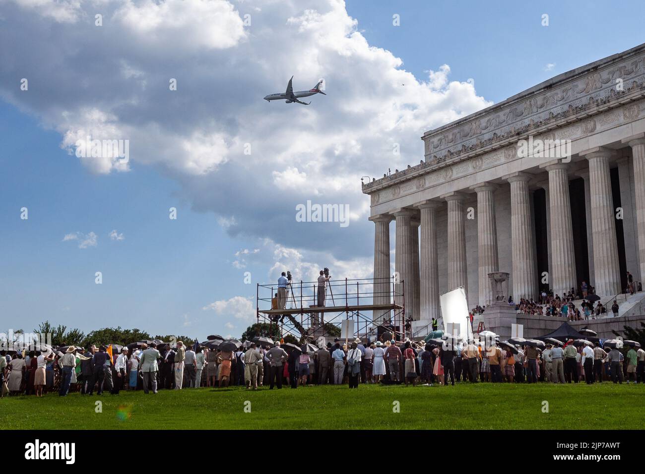 Filming of extras in 1960s clothing at Lincoln Memorial for a movie ...