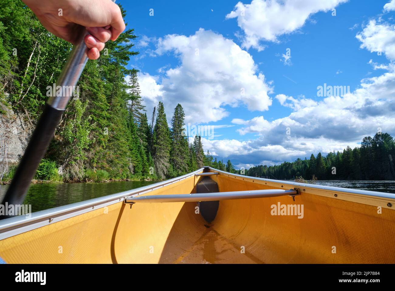 A view from inside a canoe shows a hand paddling to the side as the ...