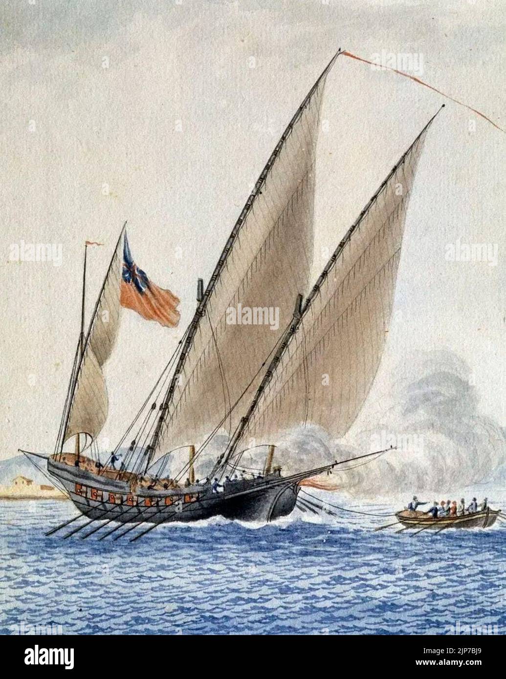 The Pinco Conception in Battle with Xebec Le Volcan, 1804 (cropped detail), by Nicolas ...