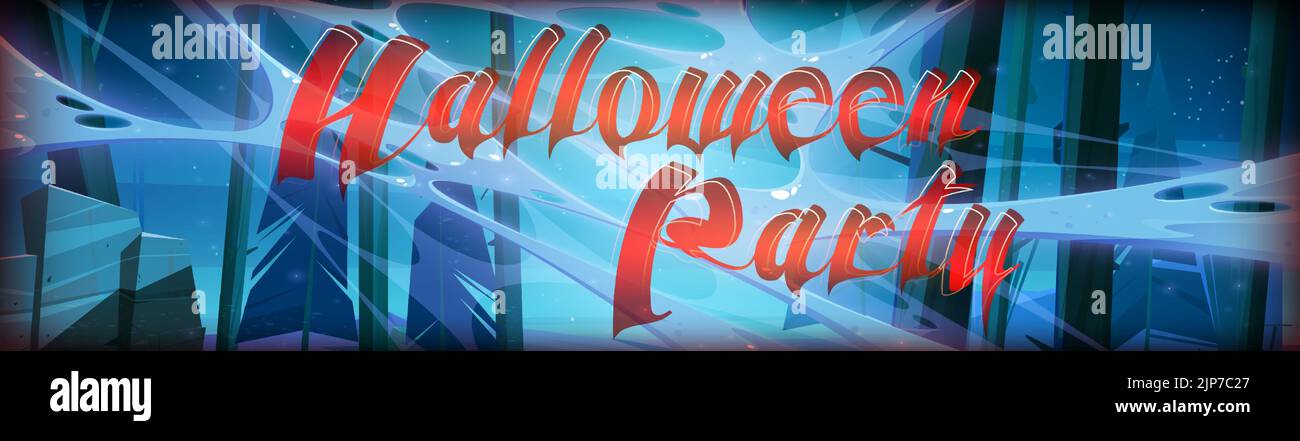 Halloween party cartoon banner with night creepy wood, spider webs and ...
