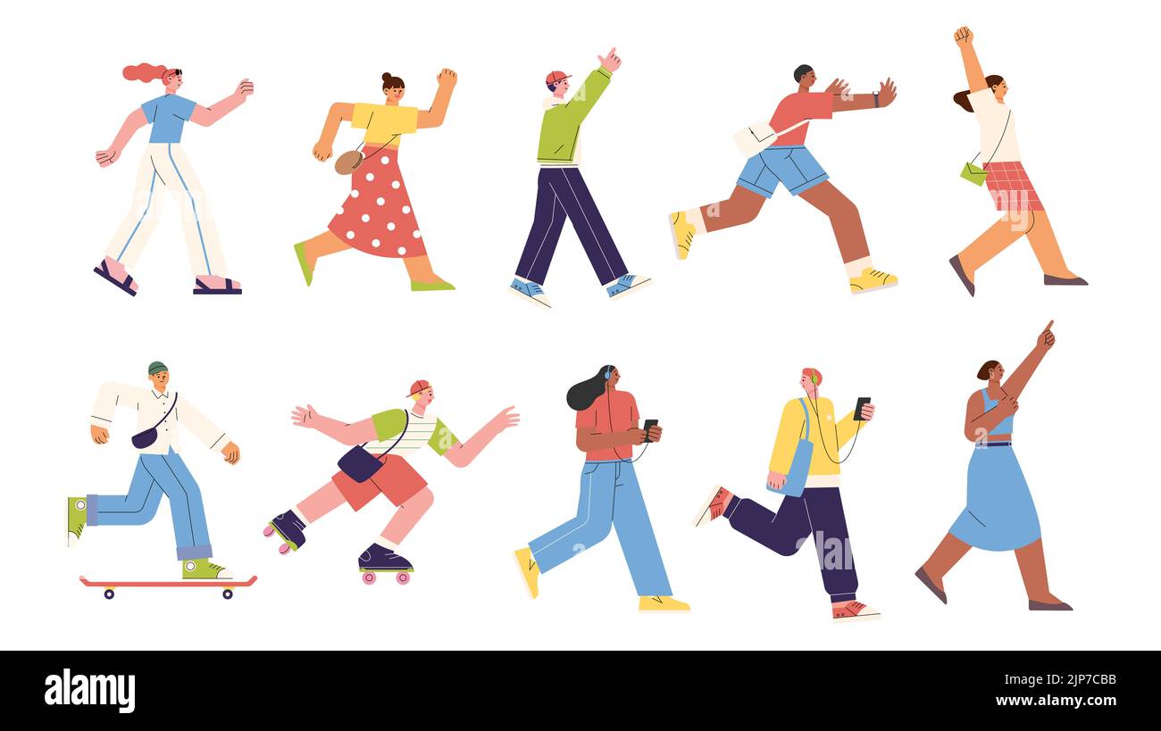 A collection of exciting people in different styles running in one ...
