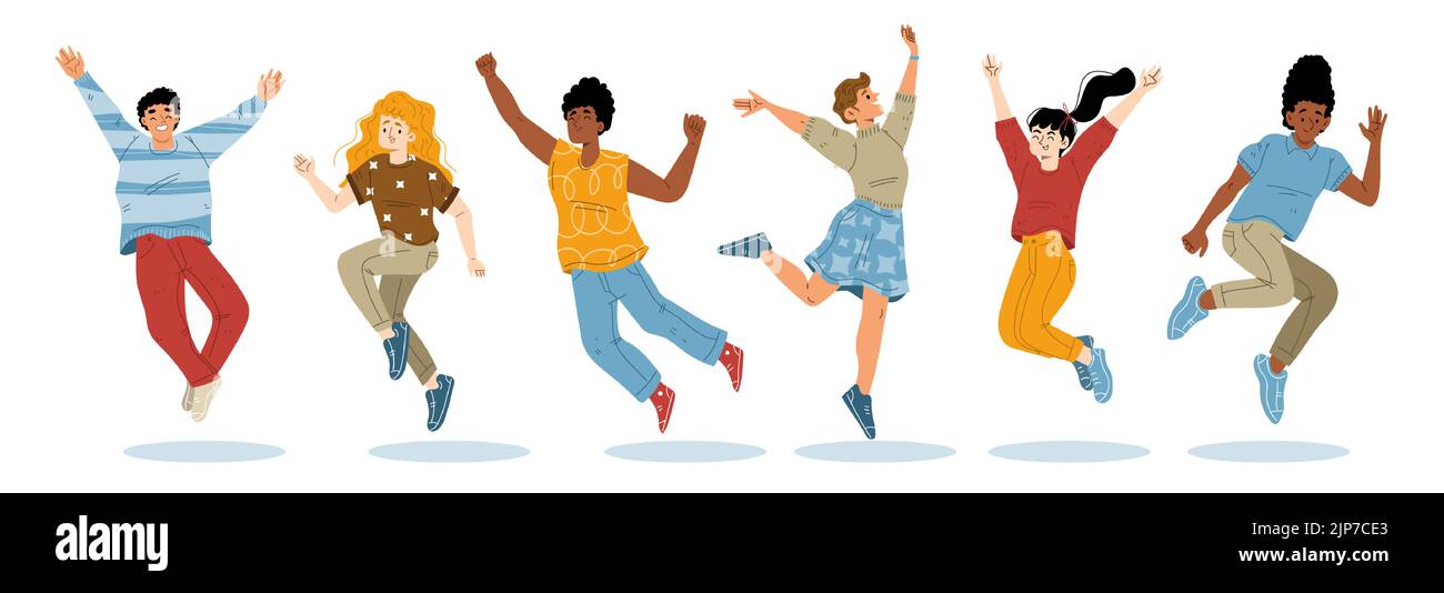 Happy people jump. Diverse persons joy, have fun, jump and dance ...