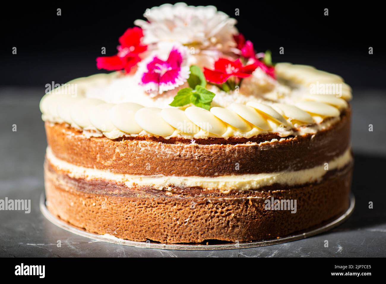 Strawberry Sponge Cake with Mascarpone Cream fresh flowers and shredded ...