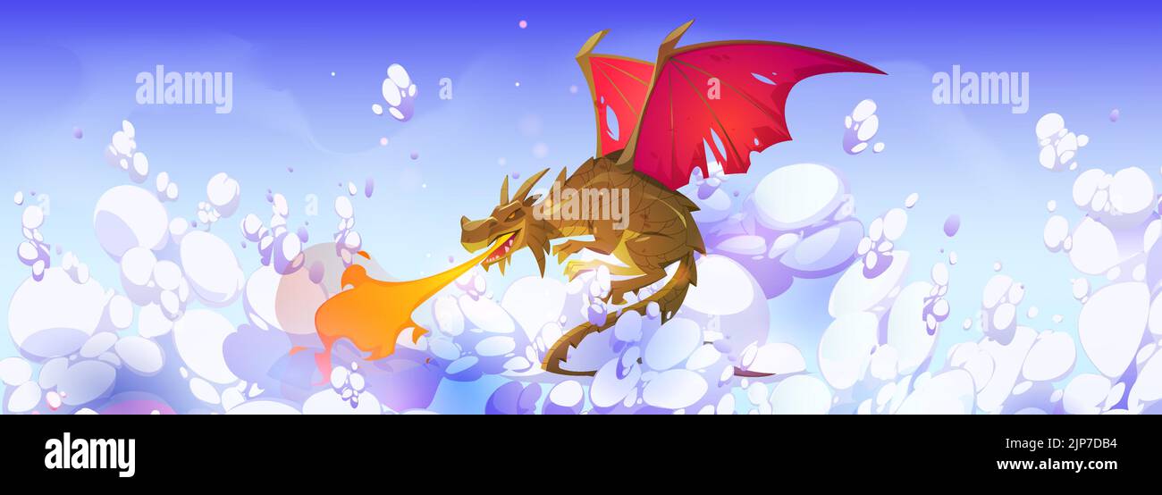 Fire breathing dragon flying in sky. Fairy tale scary monster from ...