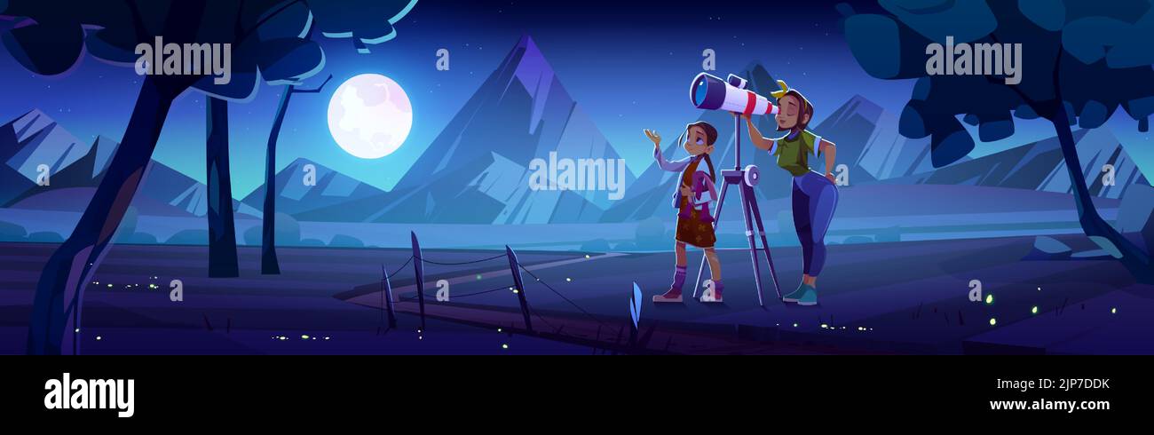 Woman with daughter look in telescope. Curious young girl with mother ...