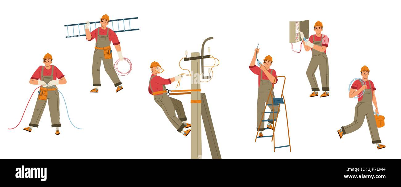 Electrician worker with tools, ladder and wires isolated on white ...