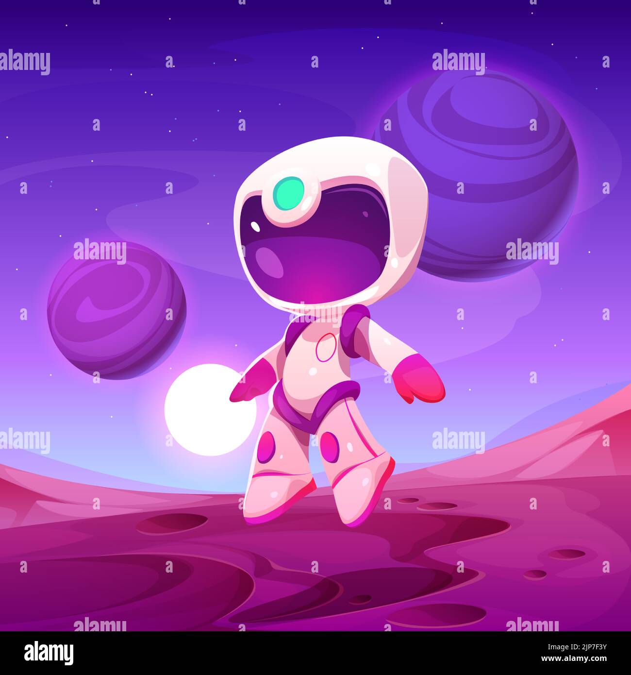 Cute spaceman jump on alien planet ground. Vector cartoon illustration ...