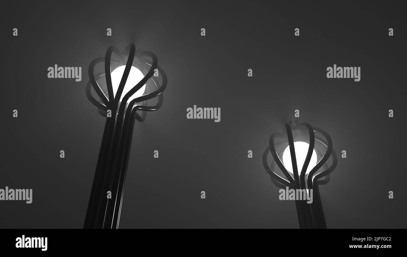 rendered simple-3D scene of glowing lights in a foggy night with ...