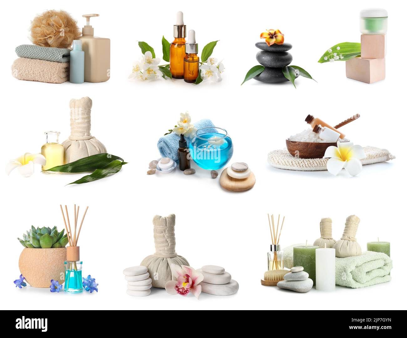 Set of spa supplies isolated on white Stock Photo - Alamy