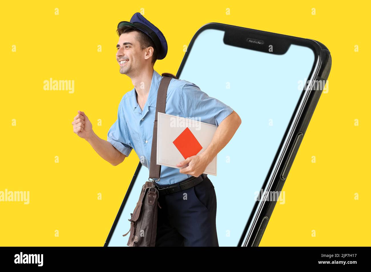 Hurrying postman with letter and big mobile phone on yellow background ...